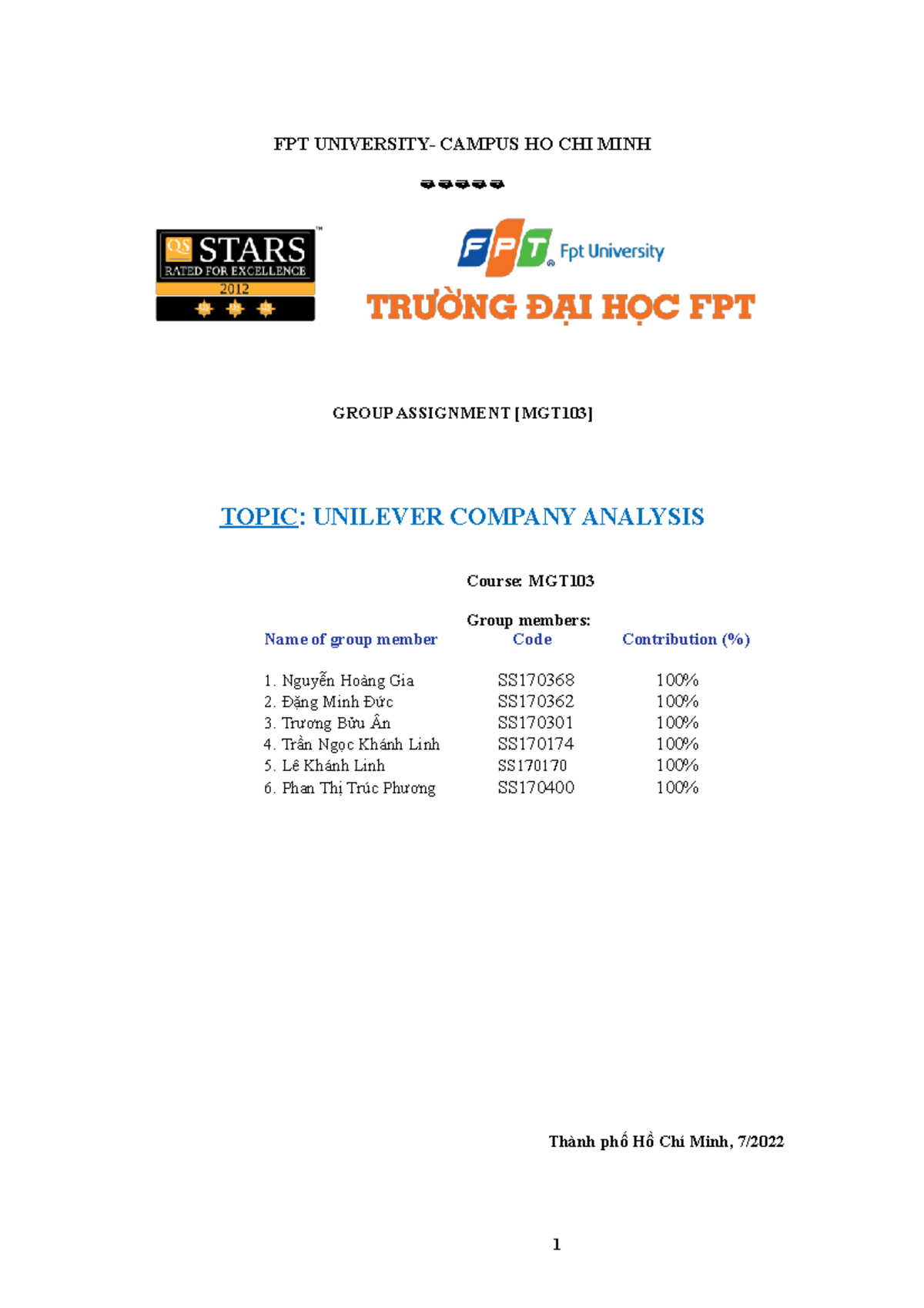 Group-ass-mgt - GROUP ASSIGNMENT - FPT UNIVERSITY- CAMPUS HO CHI MINH GROUP ASSIGNMENT - Studocu