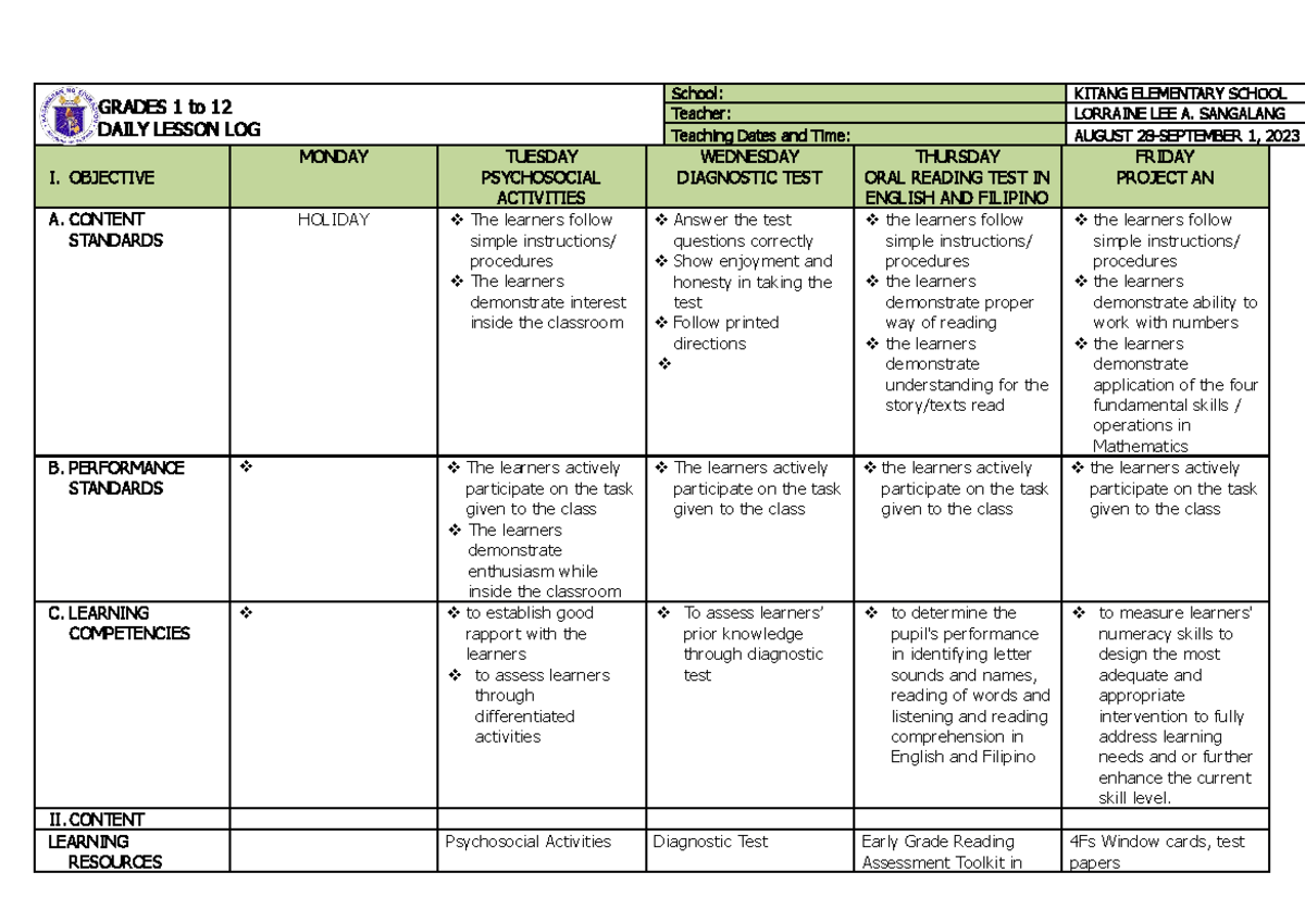 W1-AUG 28-SEPT 1 - DAILY LESSON LOG - GRADES 1 to 12 DAILY LESSON LOG ...