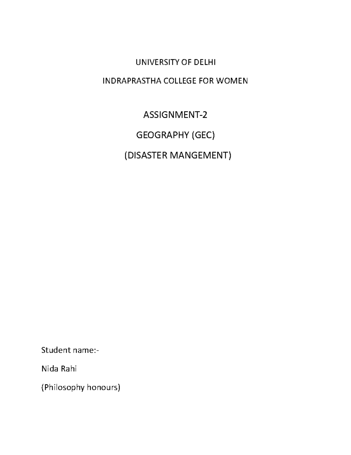 Assignment geo - disaster management - Geography - UNIVERSITY OF DELHI ...