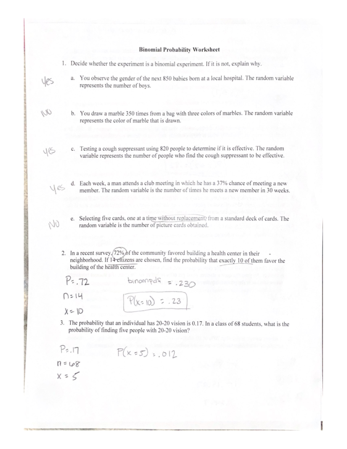 Binomial Probability Worksheet - BUS 205 - Studocu