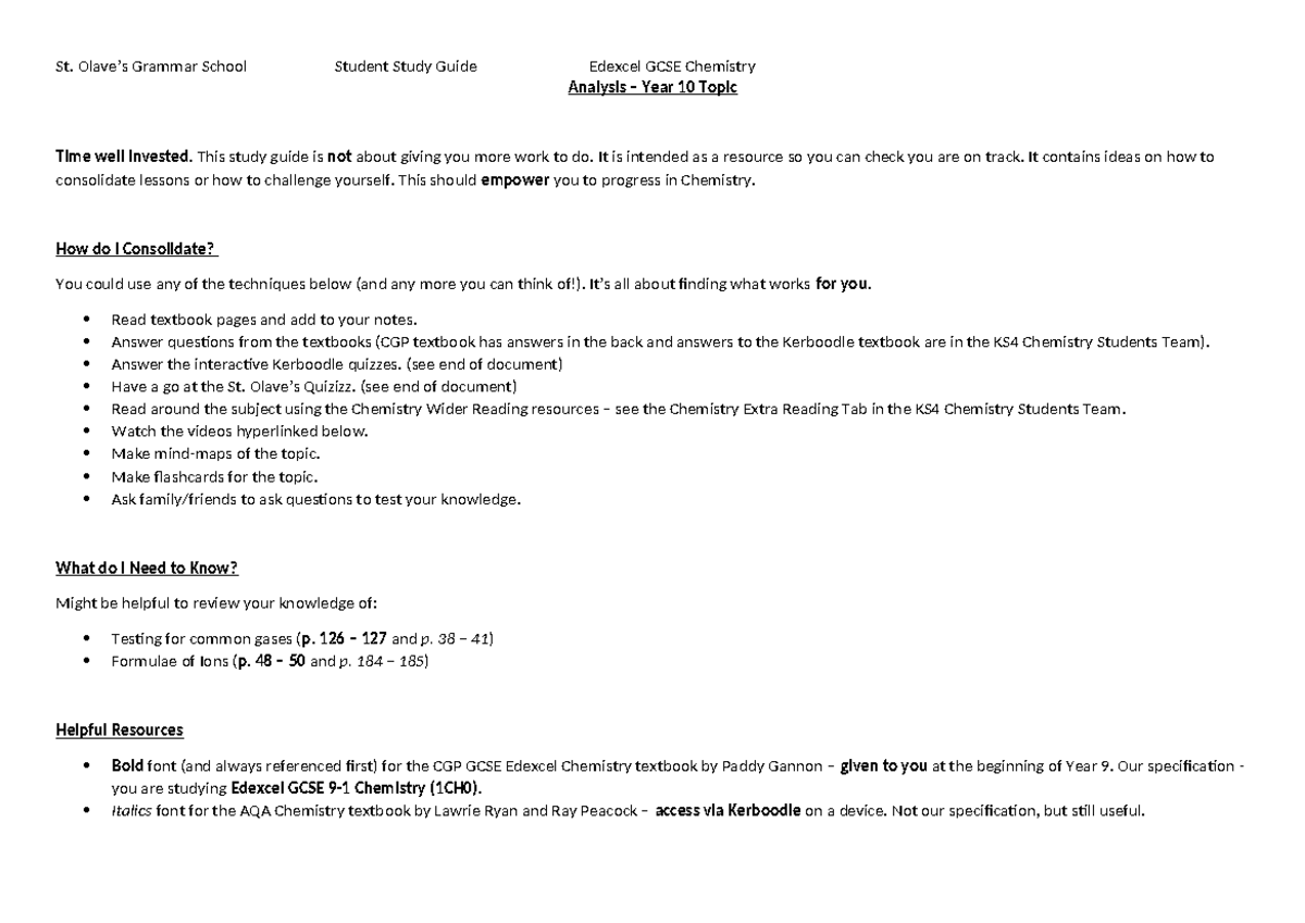 Analysis GCSE Year 10 Student Study Guide - Analysis – Year 10 Topic ...
