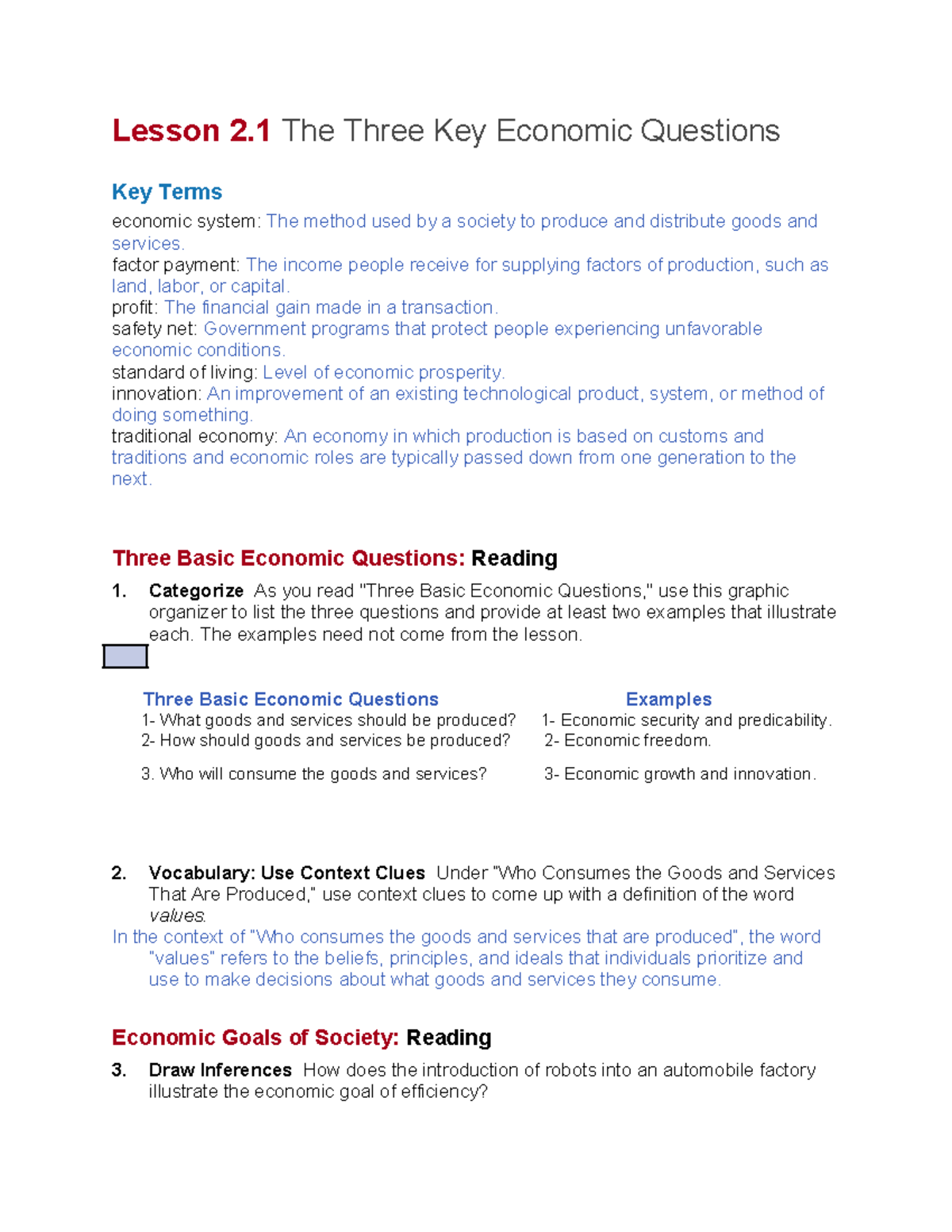 2.1 Three Key Economic Questions 1 - Lesson 2 The Three Key Economic ...