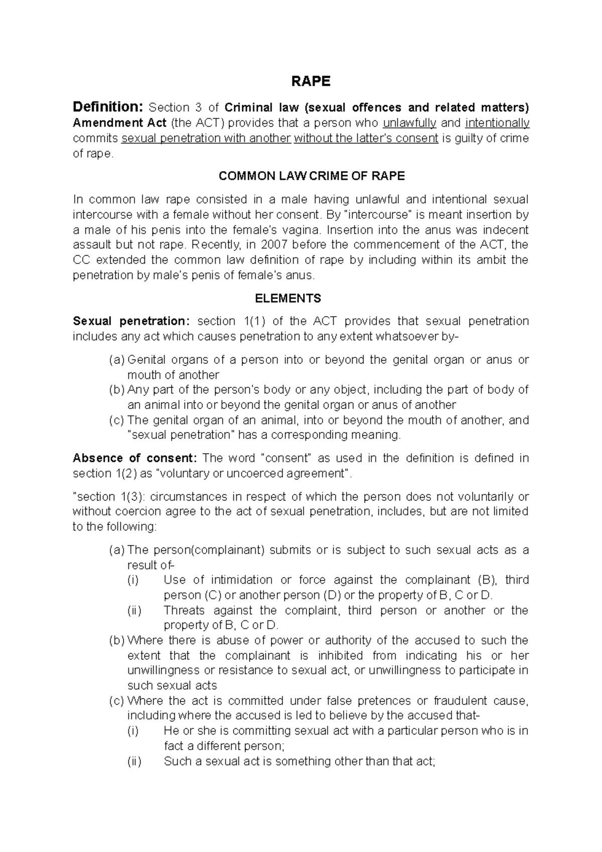 RAPE - Summary Criminal Law - RAPE Definition: Section 3 of Criminal ...