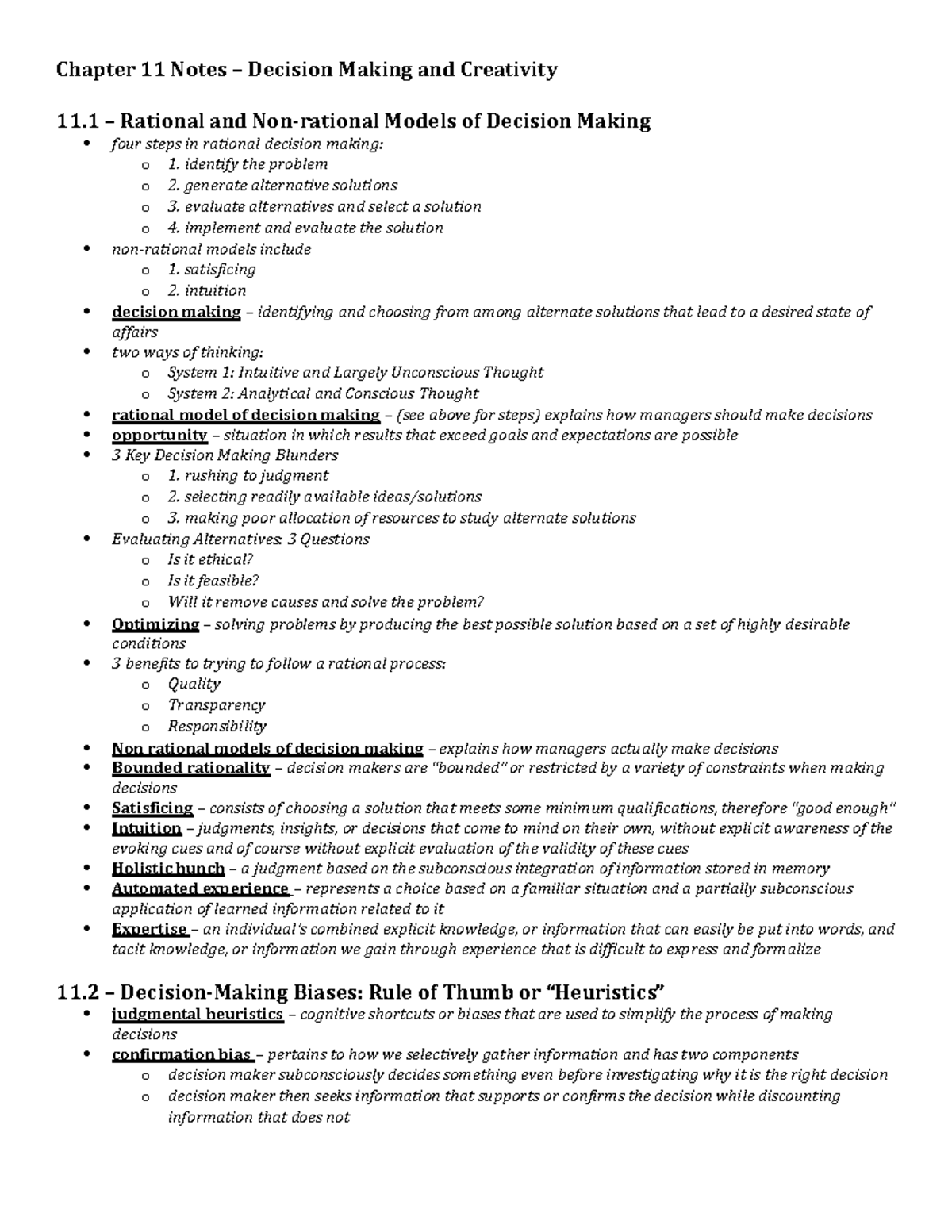 Chapter 11 Notes – Decision Making and Creativity - Chapter 11 Notes ...