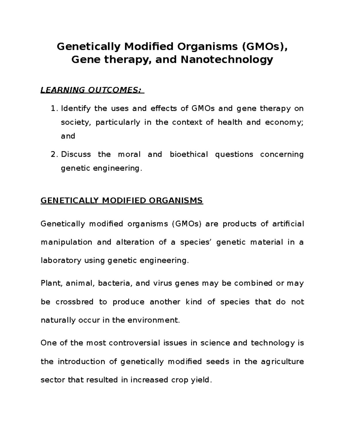GMOs Gene therapy Nanotechnology - Genetically Modified Organisms (GMOs), Gene therapy, and ...