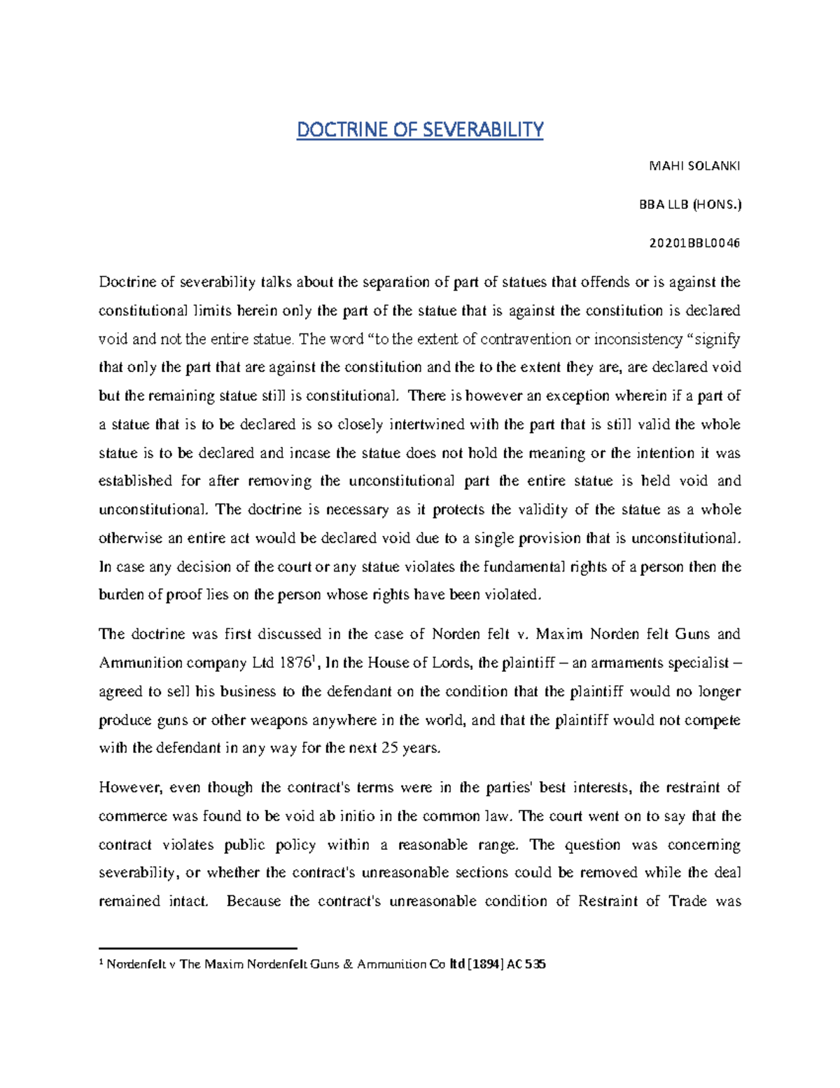 Doctrine OF Severability - DOCTRINE OF SEVERABILITY MAHI SOLANKI BBA ...