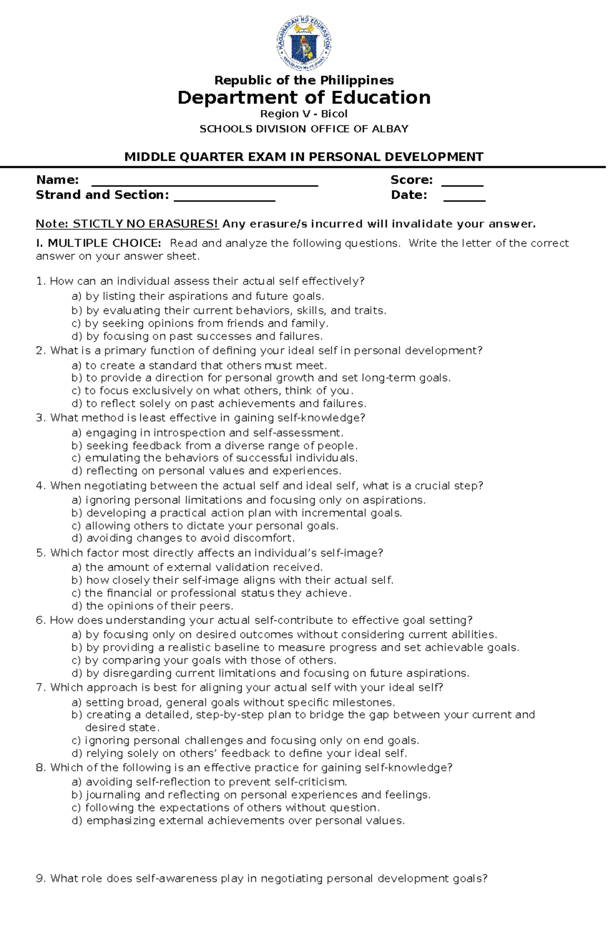 TEST Questions-PER DEV'T - C - Republic of the Philippines Department ...