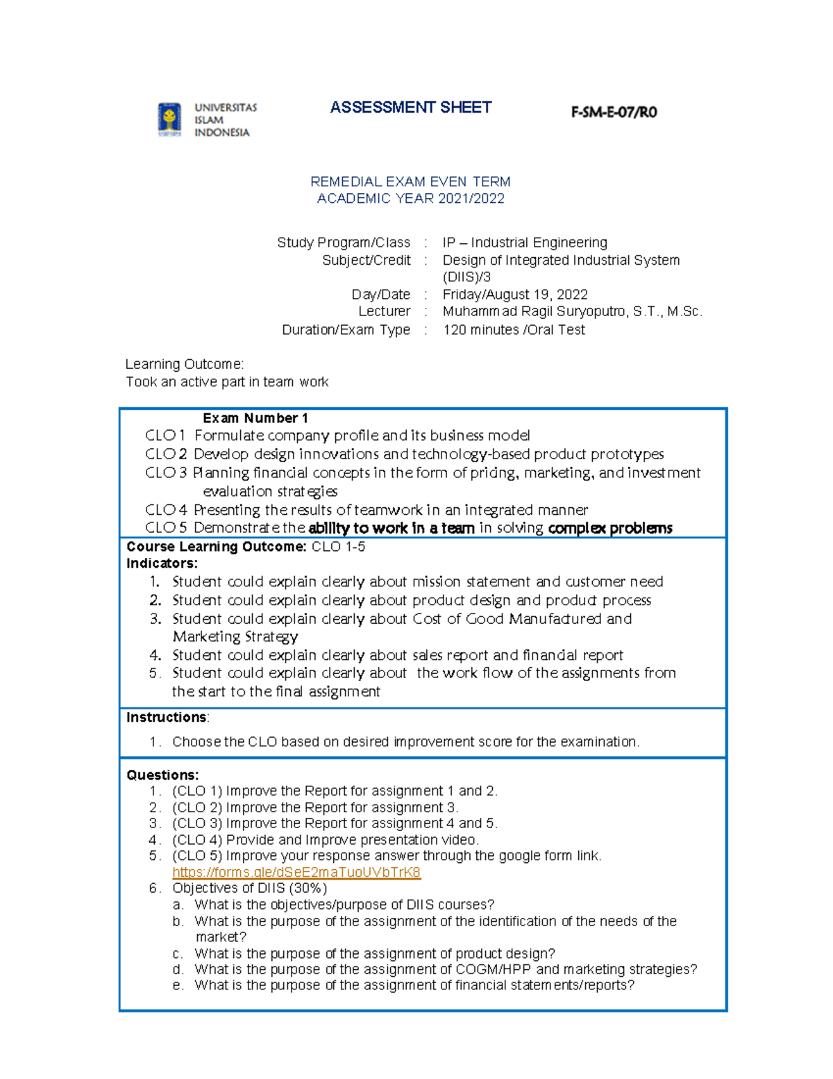 Remedial DIIS 2022 - ASSESSMENT SHEET REMEDIAL EXAM EVEN TERM ACADEMIC ...