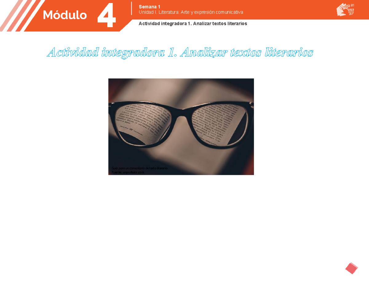 Actividad integradora 1 Modulo 4 - Unidad I. Literatura: Arte y expresión comunicativa Actividad ...