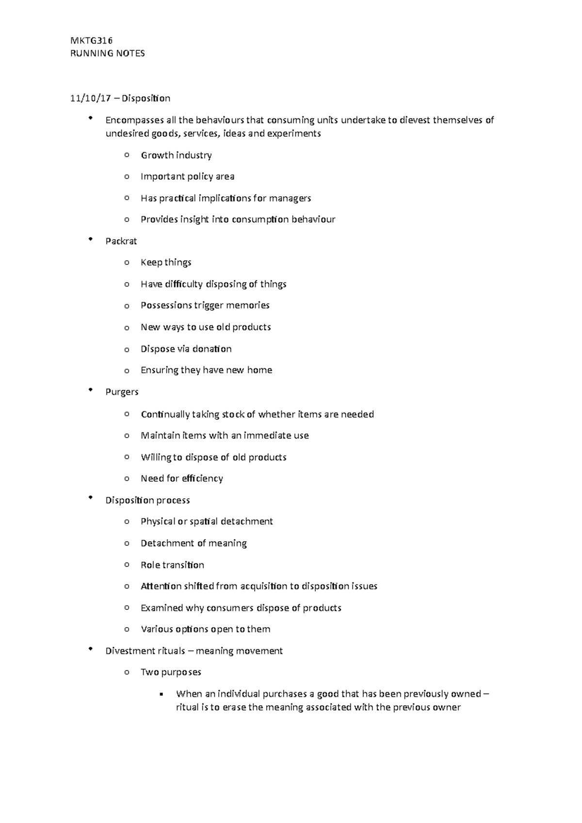 316 Running Notes - MKTG316 RUNNING NOTES 11/10/17 – Disposi9on ...