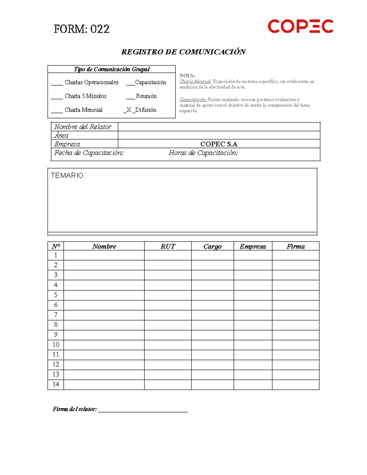 Registro de comunicación Copec - Formato Difusión 2023 - FORM: 022 ...