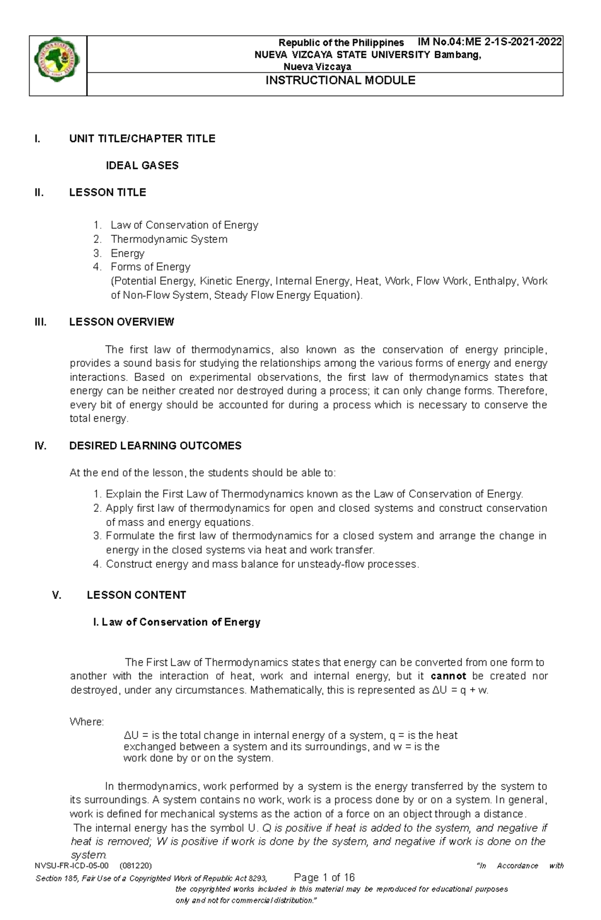 Thermo 1 IM Week6-8 - I. UNIT TITLE/CHAPTER TITLE IDEAL GASES II ...