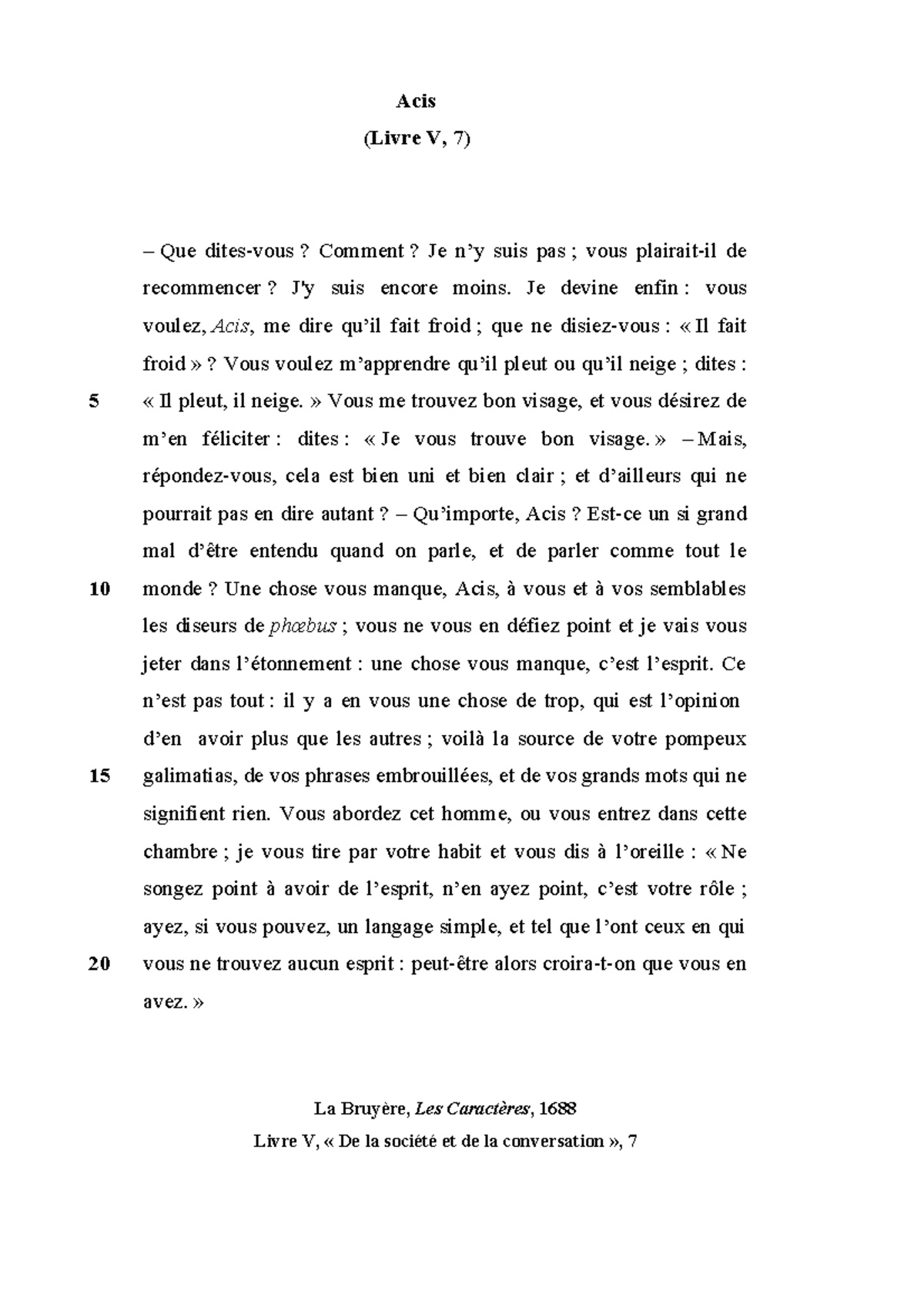 La Bruyère (Acis) - texte , les caractères, Acis - Acis (Livre V, 7 ...