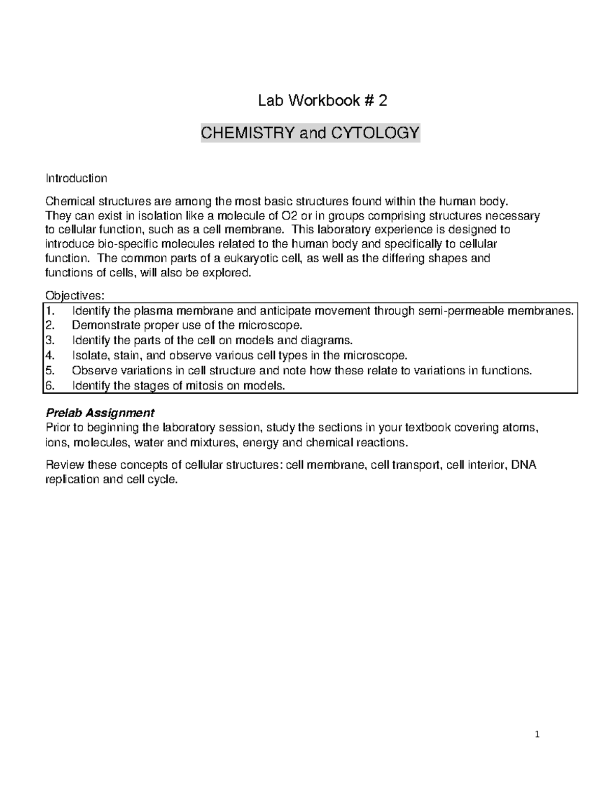 Ch 2 Chemistry and Cytology-1 - Lab Workbook # 2 CHEMISTRY and CYTOLOGY ...