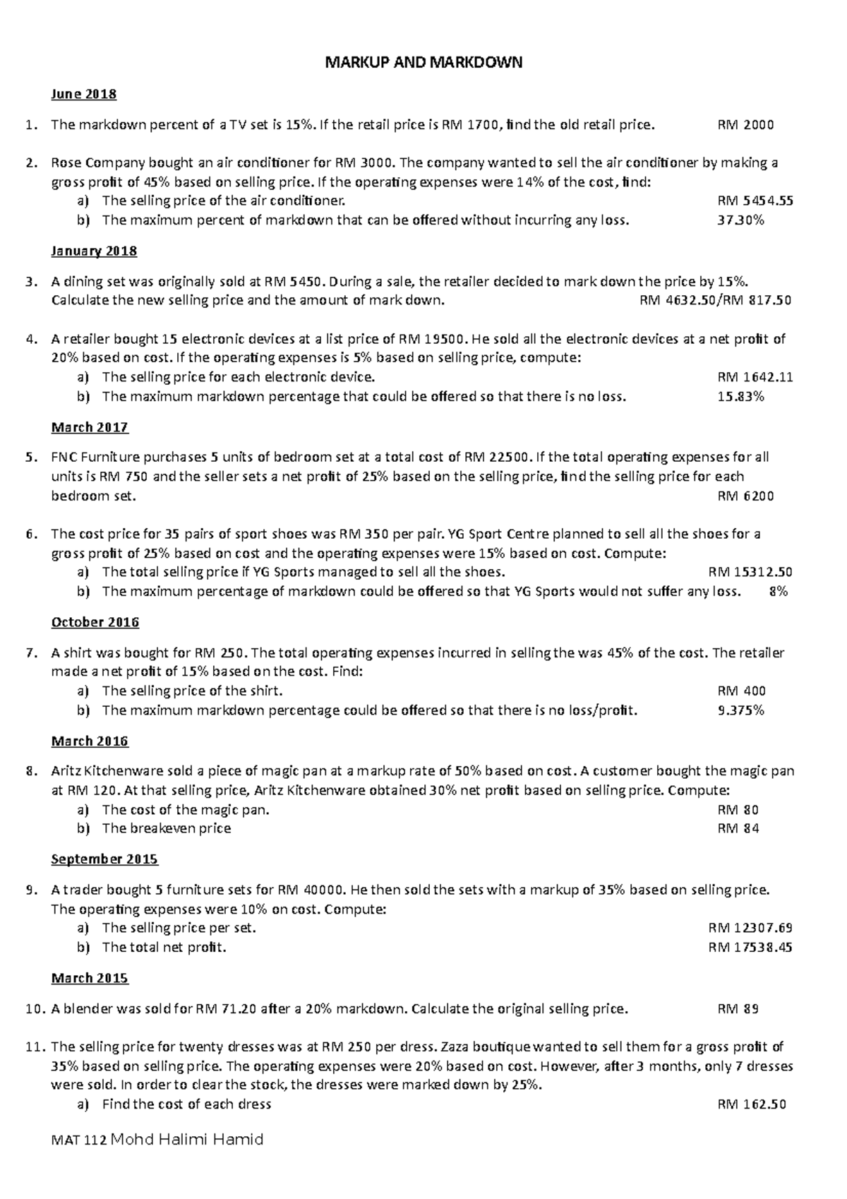 6 - Mark Up Mark Down forbuness mathematics - MARKUP AND MARKDOWN June ...
