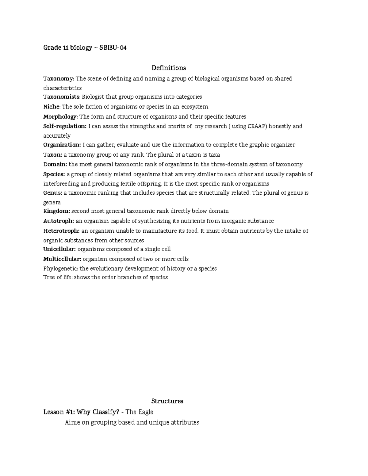 Grade 11 Biology - Overview of bio 101 course - Grade 11 biology ...