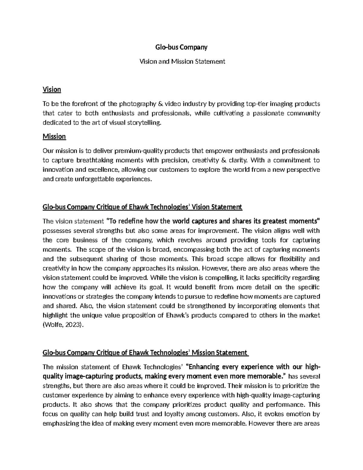 Glo-bus Company Vision and Mission Statement Analysis for MNGT 395-B ...