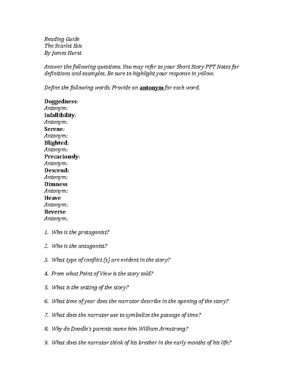 The Scarlet Ibis Reading Guide - Reading Guide The Scarlet Ibis By ...