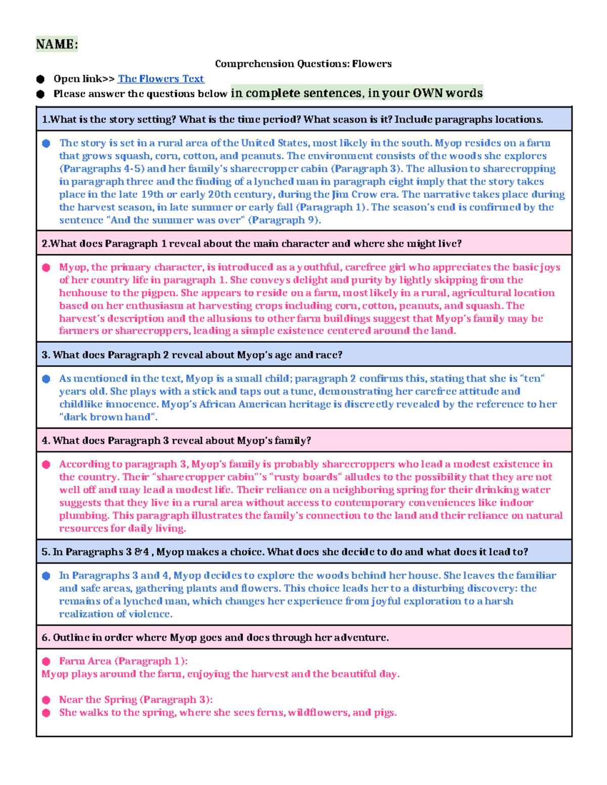Copy of Comprehension Flowers - NAME: Comprehension Questions: Flowers ...