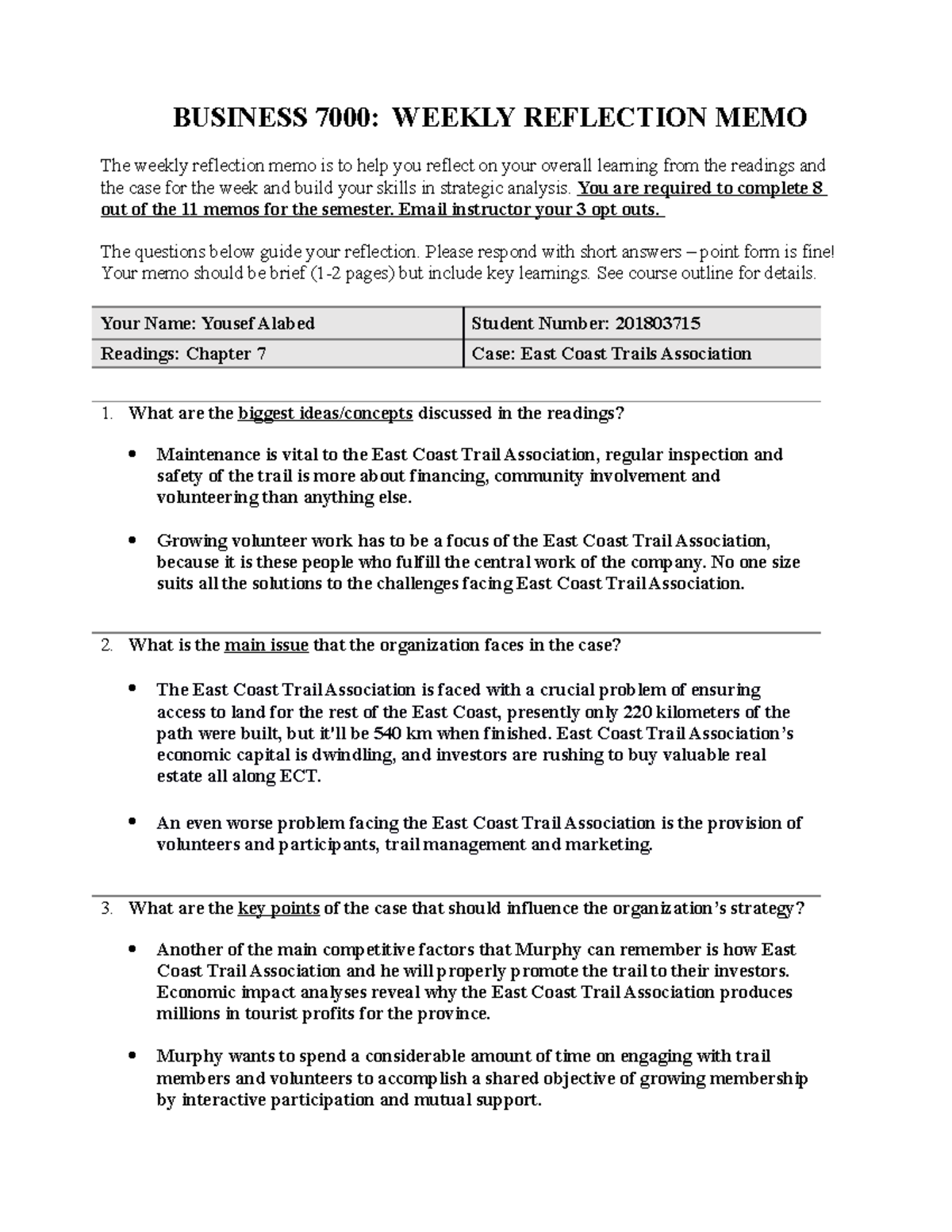 Weekly Memo six - BUSINESS 7000: WEEKLY REFLECTION MEMO The weekly ...