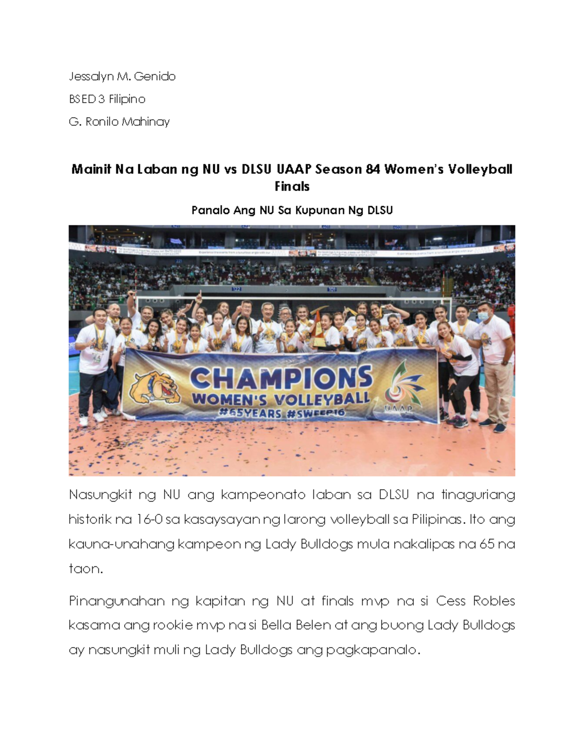 Balitang Isports - a news about sports - Jessalyn M. Genido BSED 3 Filipino G. Ronilo Mahinay ...