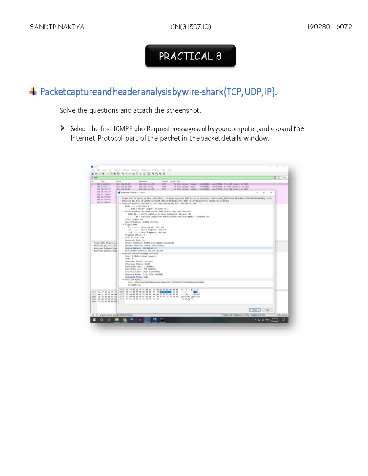 190280116072 CN Practical 08 - Packet capture and header analysis by wire-shark (TCP, UDP, IP ...