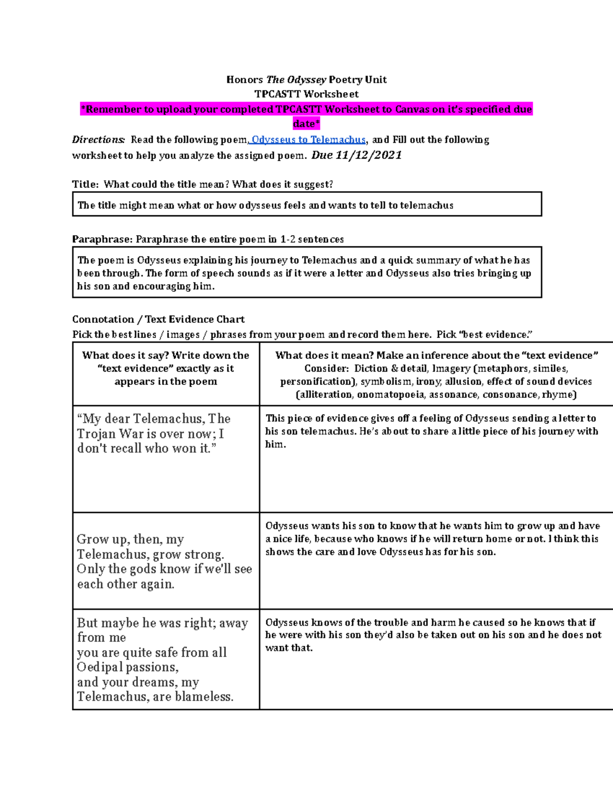 Untitled document - completed worksheet c - Honors The Odyssey Poetry ...