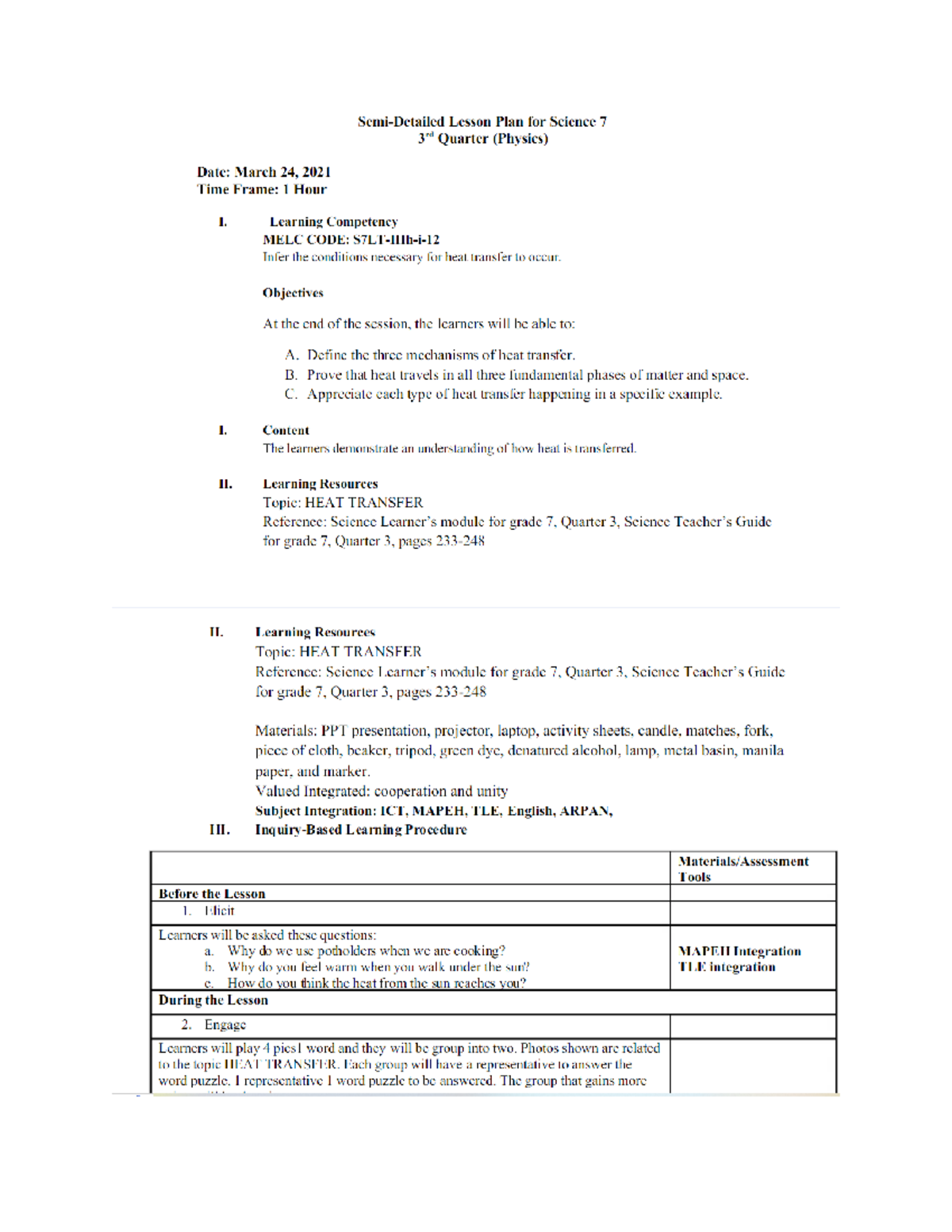 Heat transfer lesson plan - Education, Secondary - Studocu