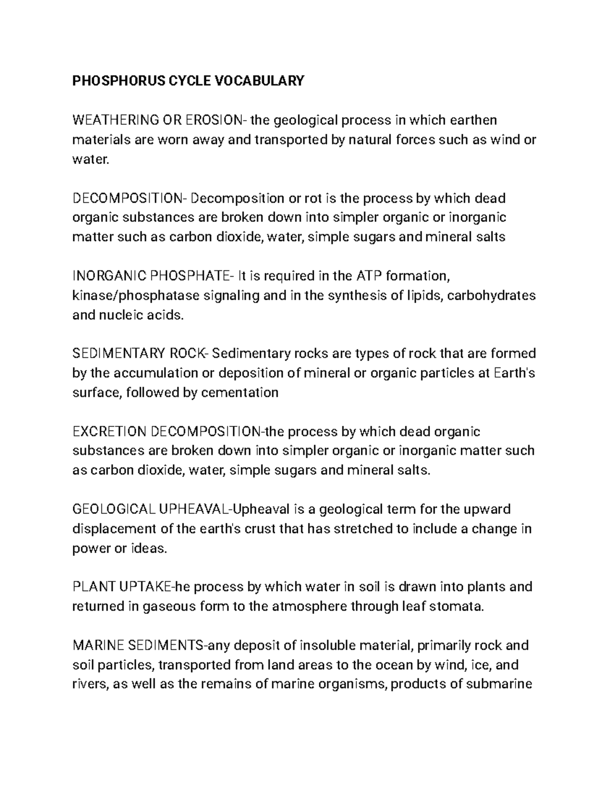 Phosphorus Cycle Vocabulary - PHOSPHORUS CYCLE VOCABULARY WEATHERING OR ...