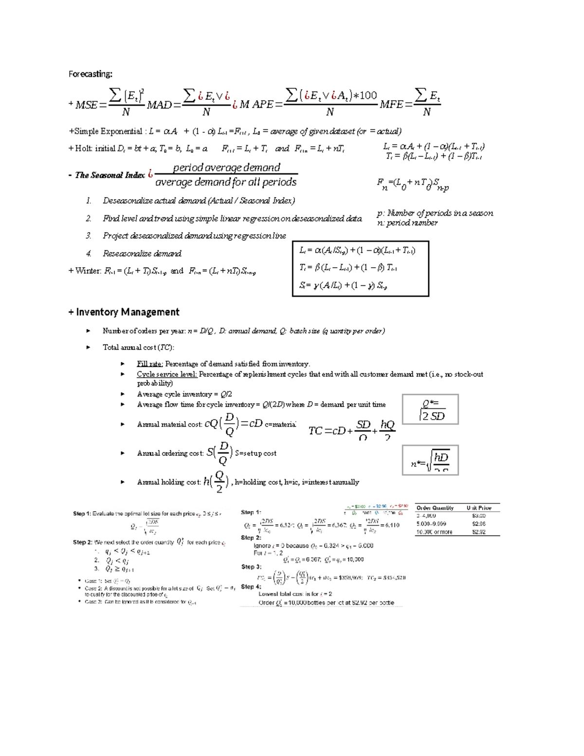 Formula sheet - Forecasting: + MSE= ∑ ( Et ) 2 N MAD= ∑ ¿ Et ∨¿ N ¿ M ...