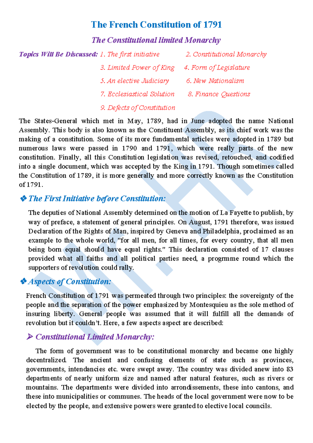 The French Constitution of 1791 - The first initiative 2 ...