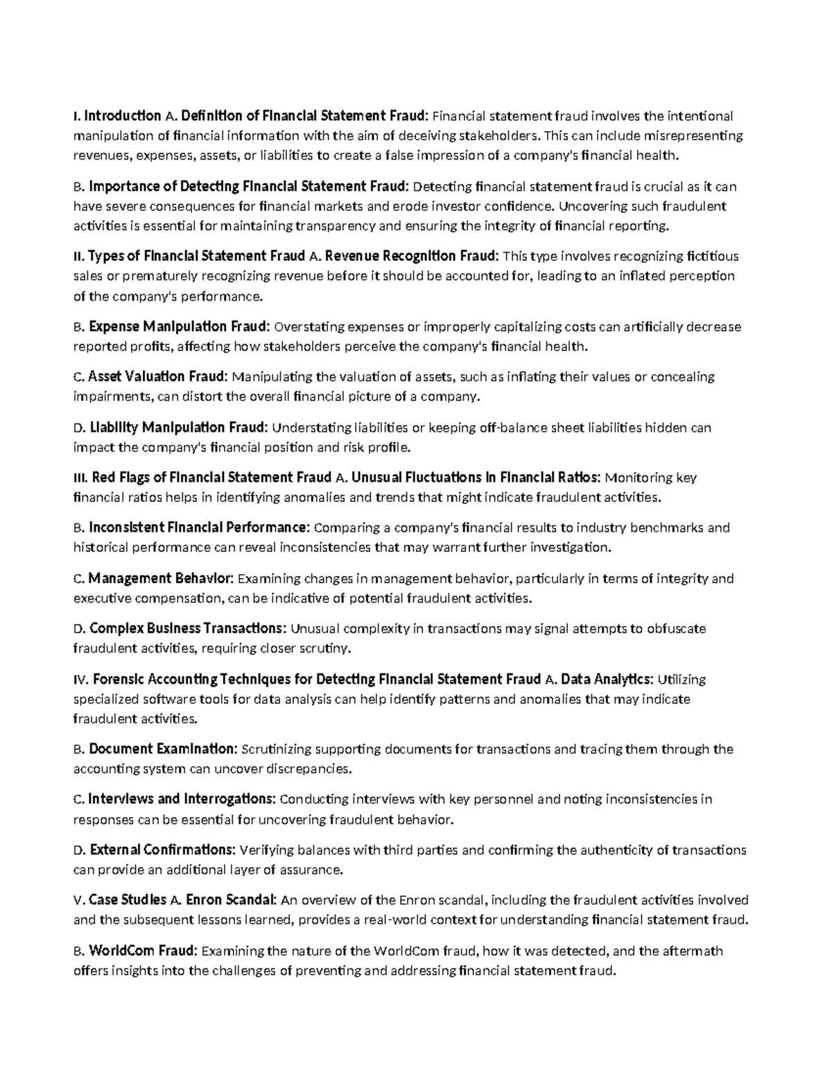Finacial statement fraud - I. Introduction A. Definition of Financial ...