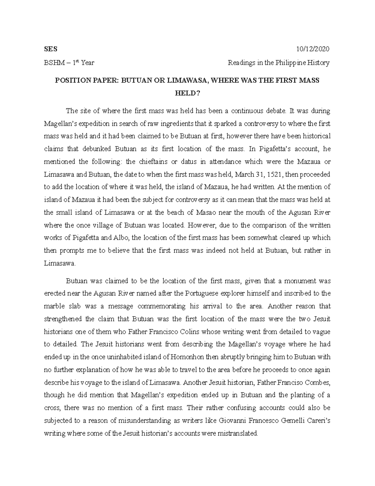 SES Readings Ph Position Paper - SES 10/12/ BSHM – 1st Year Readings in ...