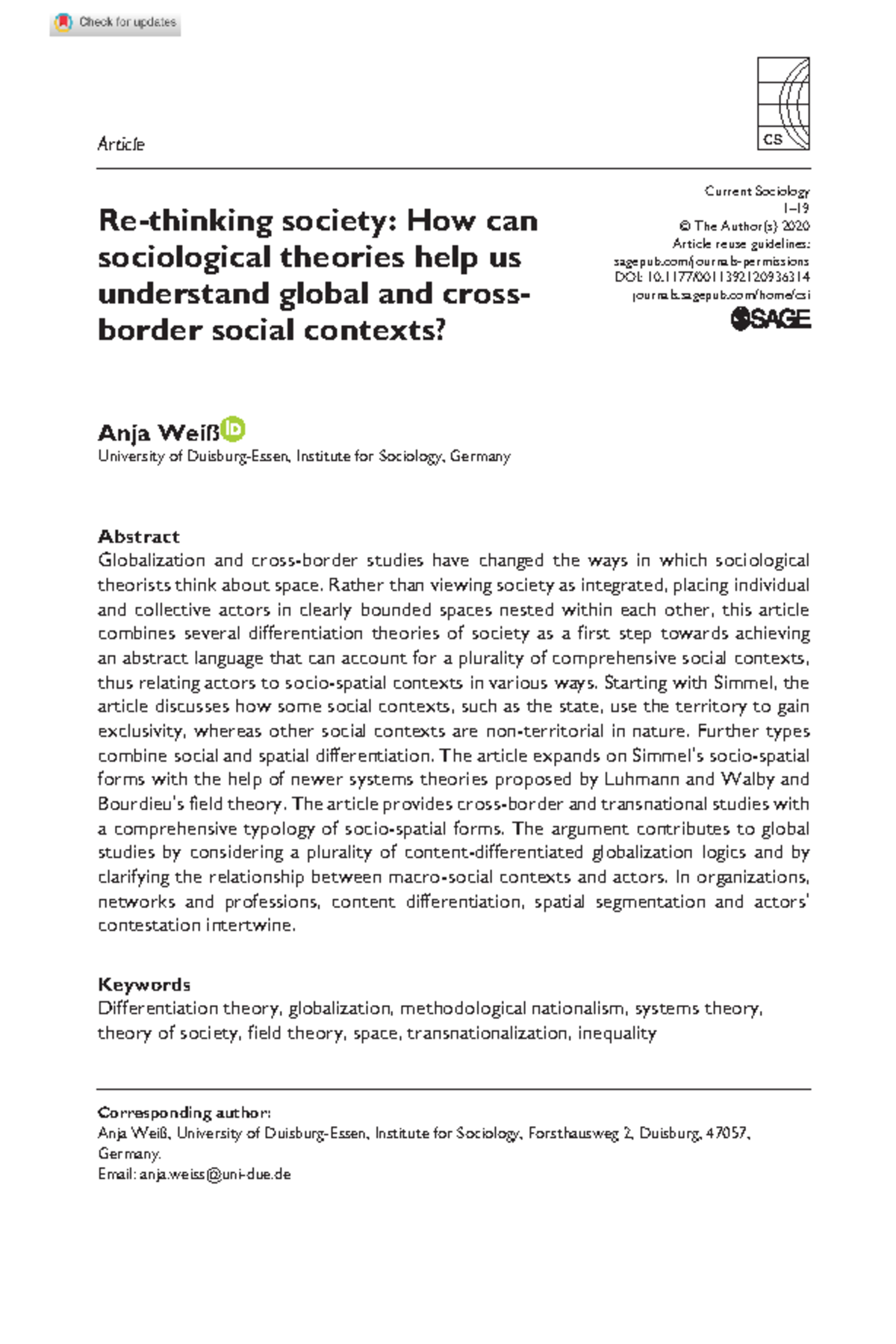 Weiß 2020 - reading - doi/10.1177/ Current Sociology 1 – © The Author(s ...