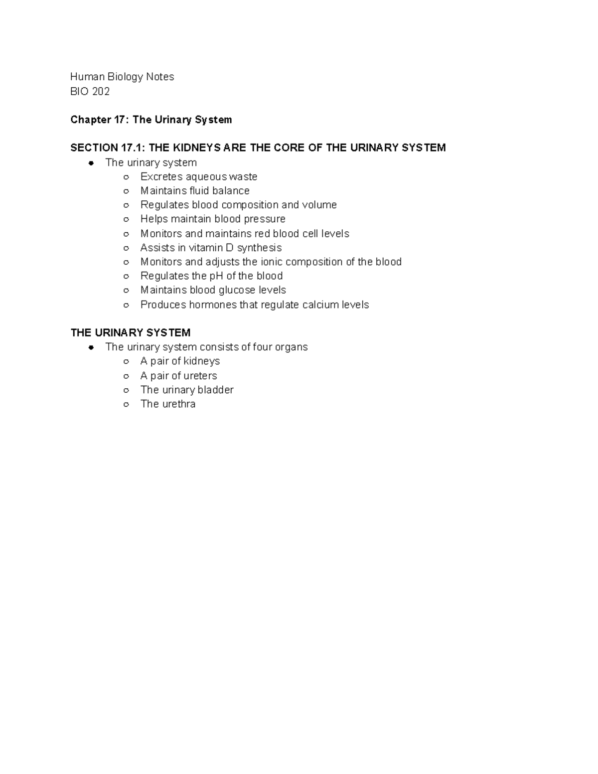 Bio Notes 9 - Human Biology Notes BIO 202 Chapter 17: The Urinary ...