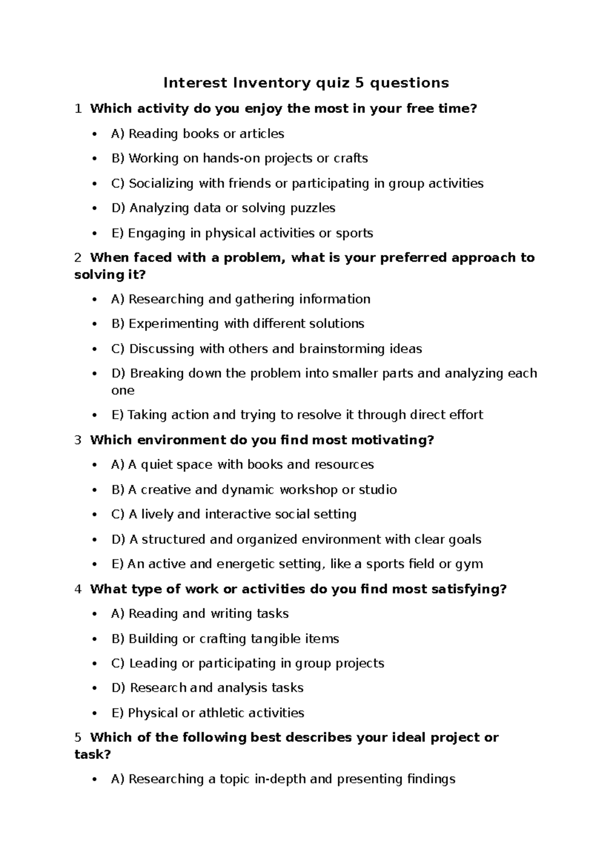 Interest Inventory quiz 5 questions - Interest Inventory quiz 5 ...