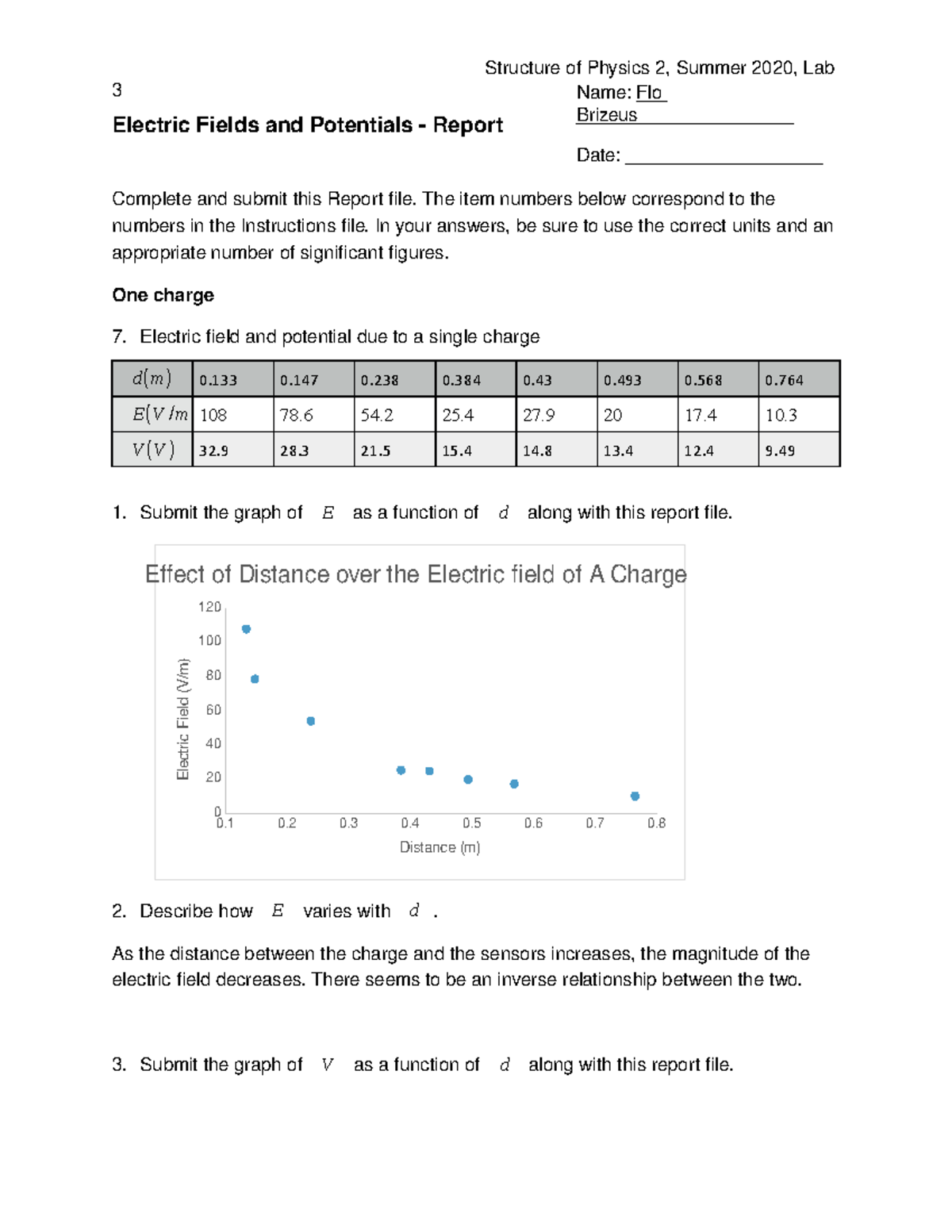 Lab 3 - Electric Field Report - 3 Electric Fields and Potentials ...