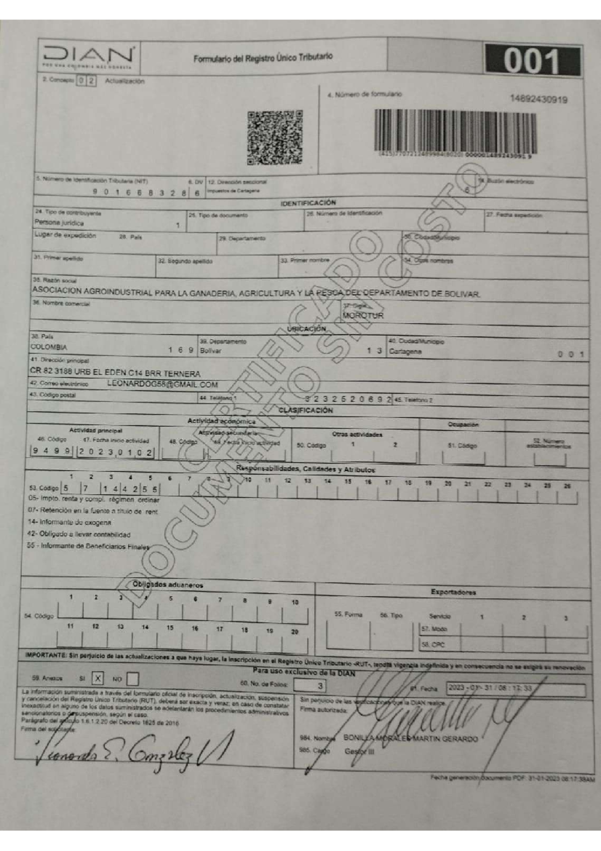 RUT Asociacion MORO - DIAN Formulario del Registro Único Tributario 001 ...