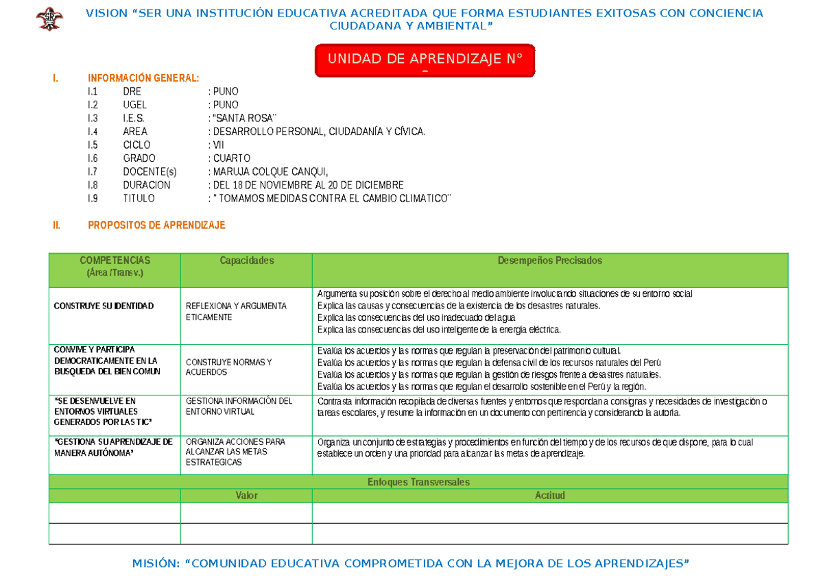 UD8 DPCC 4to grado IV BIM Maruja Colque - CIUDADANA Y AMBIENTAL” I. INFORMACIÓN GENERAL: I DRE ...