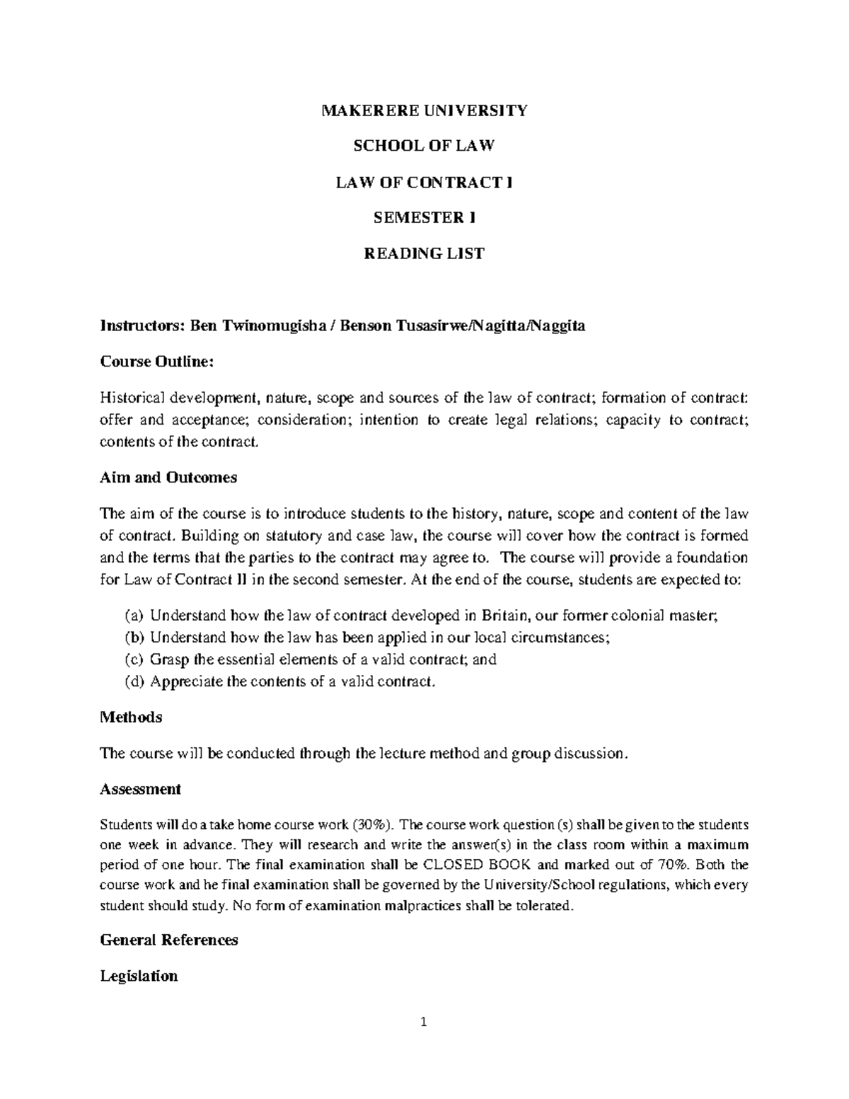 Contract Law I Reading List - MAKERERE UNIVERSITY SCHOOL OF LAW LAW OF ...