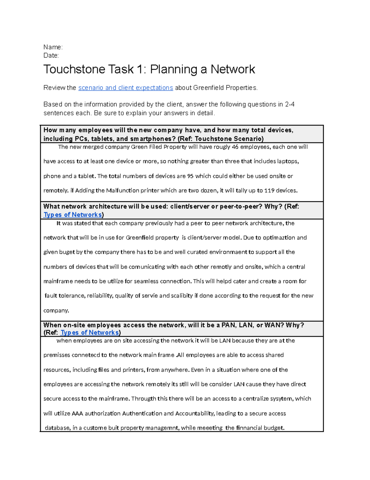 Touchstone Task 1 Planning a Network Infrastructure Questions doing - Name: Date: Touchstone ...