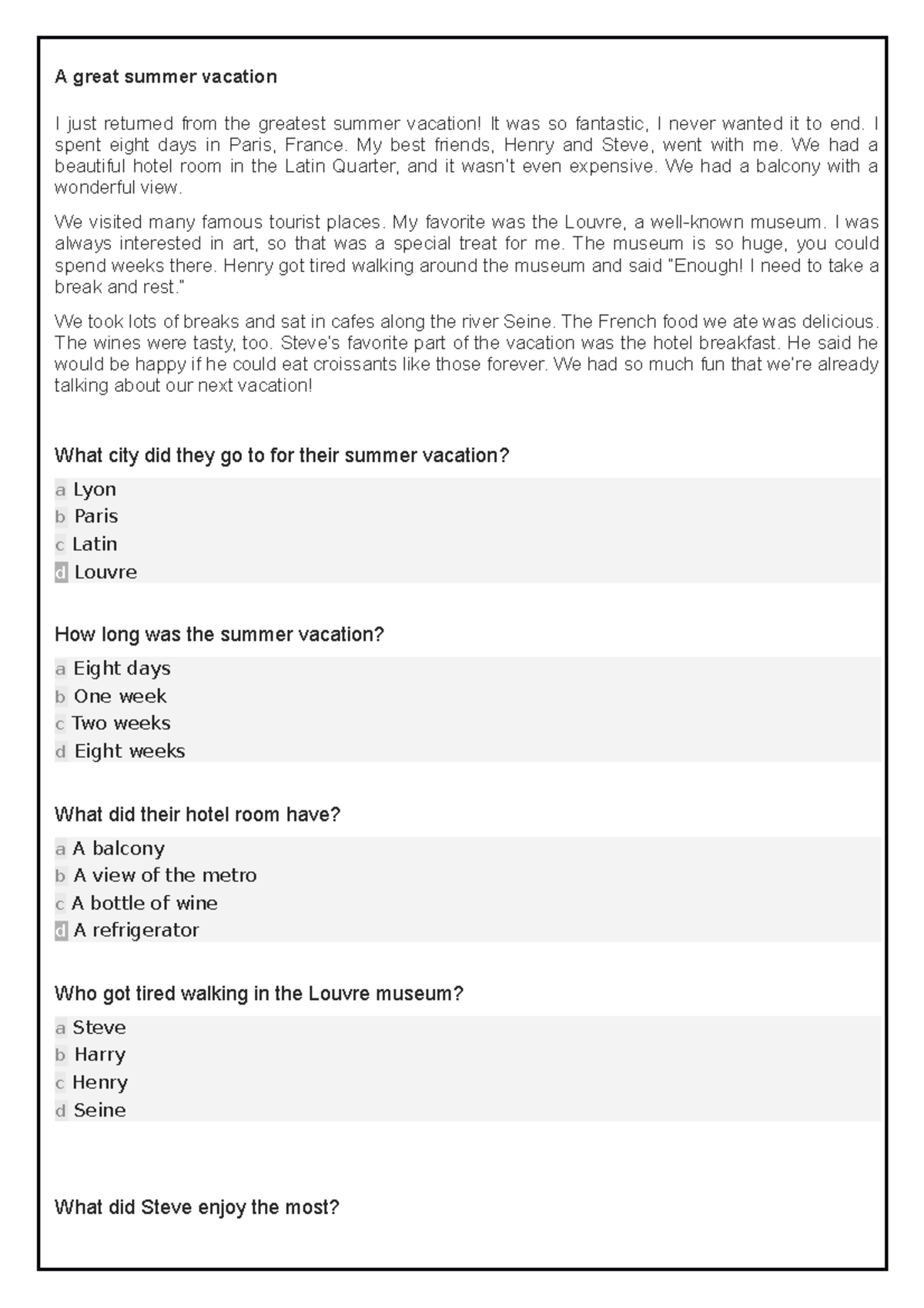 Read and Write Exercises - A great summer vacation I just returned from ...