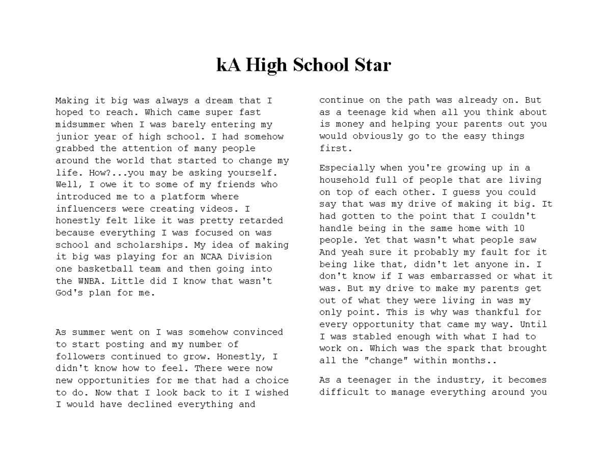 A high school star - story - BSED English - Studocu