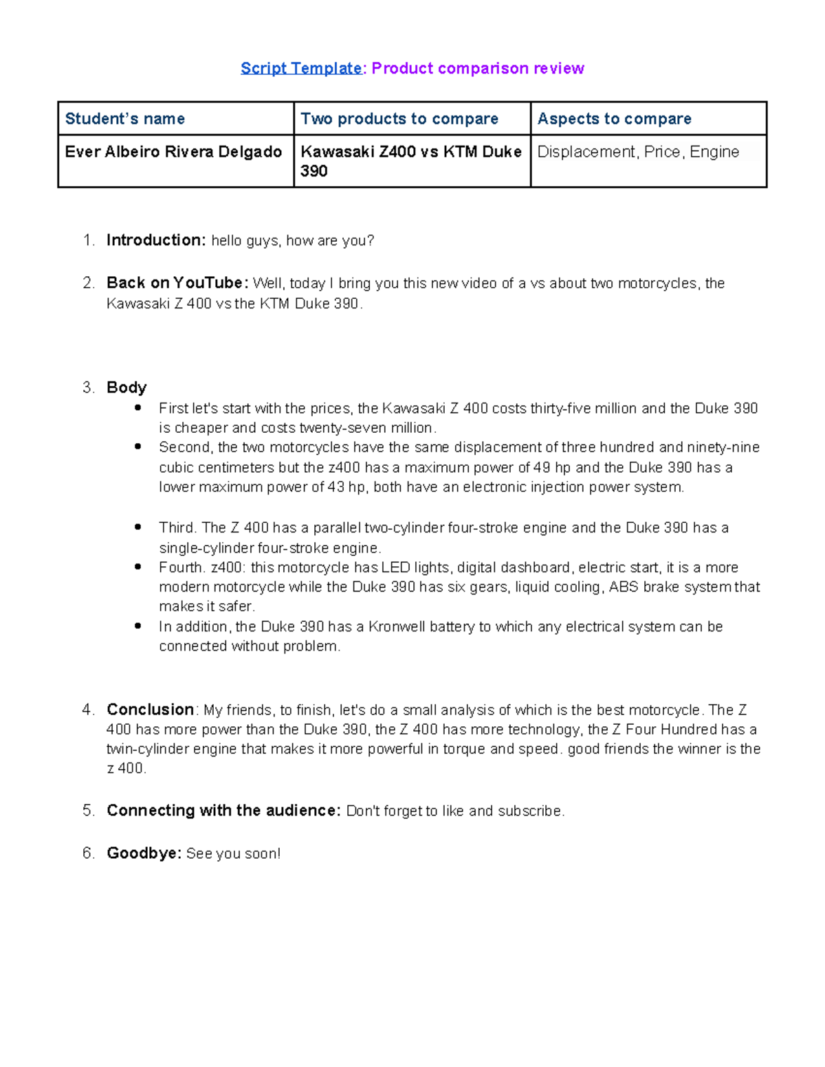 Script Template - Introduction: hello guys, how are you? 2. Back on ...