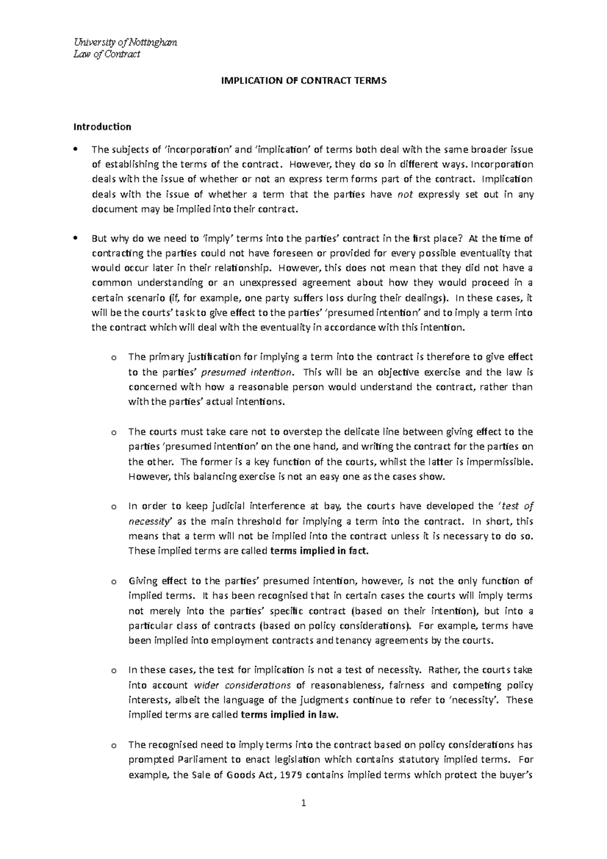 8 Implication of Contract Terms - Law of Contract IMPLICATION OF ...