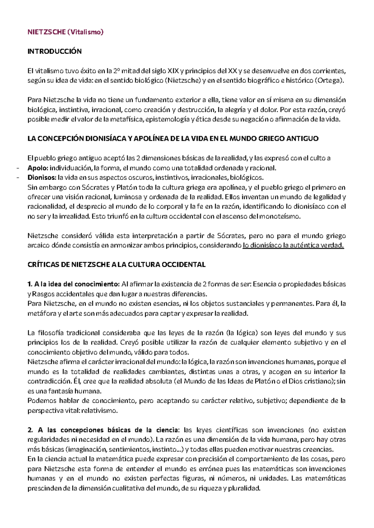 Nietzsche TIPO TEST - NIETZSCHE (Vitalismo) INTRODUCCIÓN El vitalismo ...