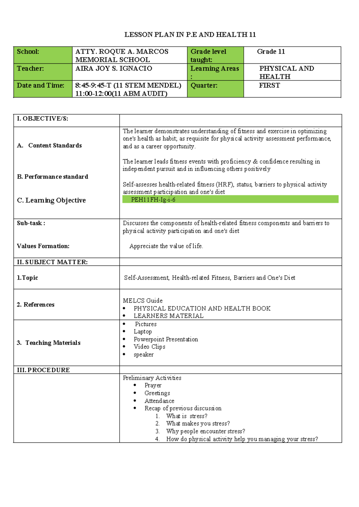 Lesson plan in Health 11 - LESSON PLAN IN P AND HEALTH 11 School: ATTY ...