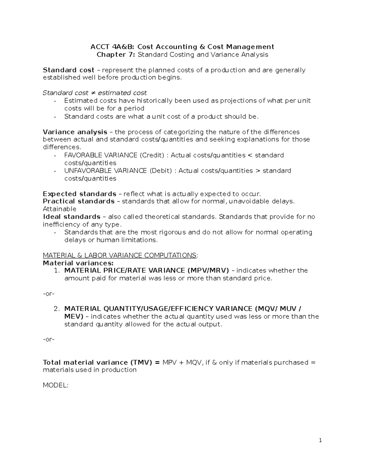 Cost Notes Standard Costing year 2021 to 2022 - ACCT 4A&B: Cost ...