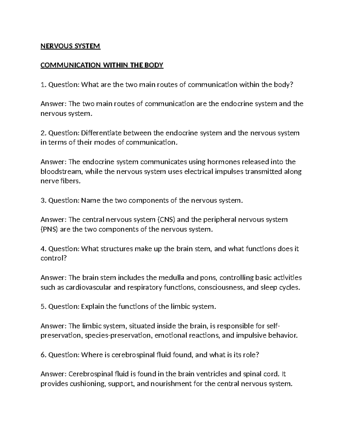 Nervous System 2 - practice materials - NERVOUS SYSTEM COMMUNICATION ...