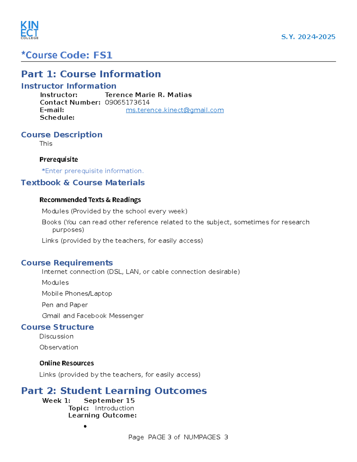 FS1 Syllabus - Course Code: FS1 - S. 2024- *Course Code: FS Part 1 ...